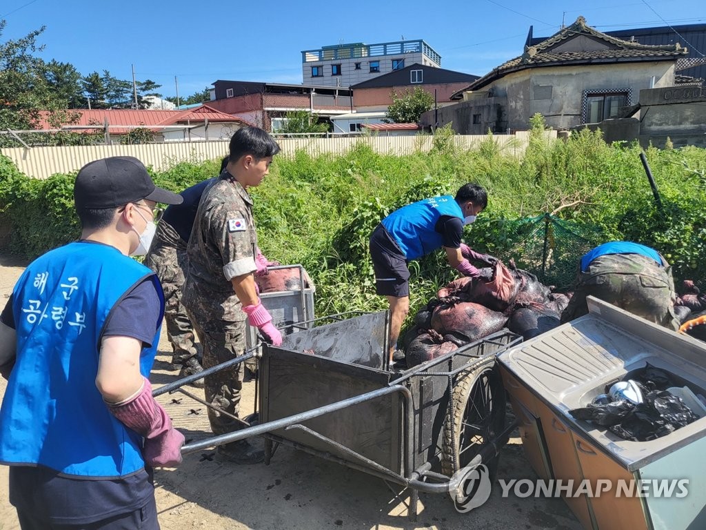 수해 복구 작업하는 해군 장병들 연합뉴스