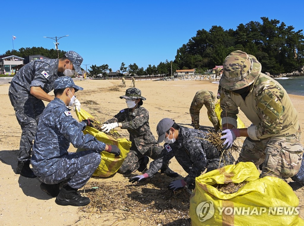 해변 잔해물 수거하는 해군 장병들 연합뉴스